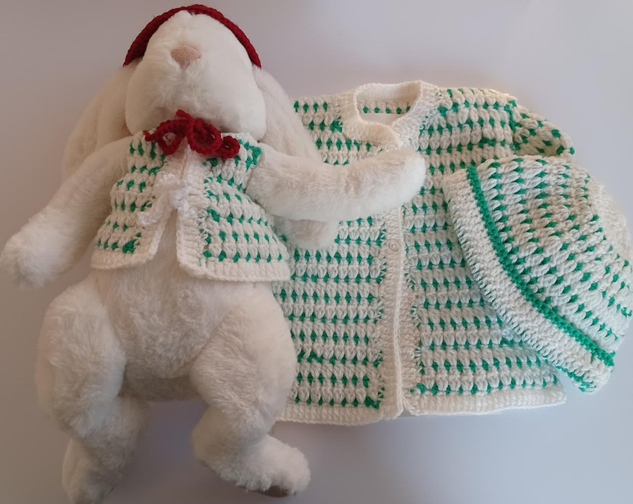 Green and White Jacket, cap and white bunny | Powered by Givergy
